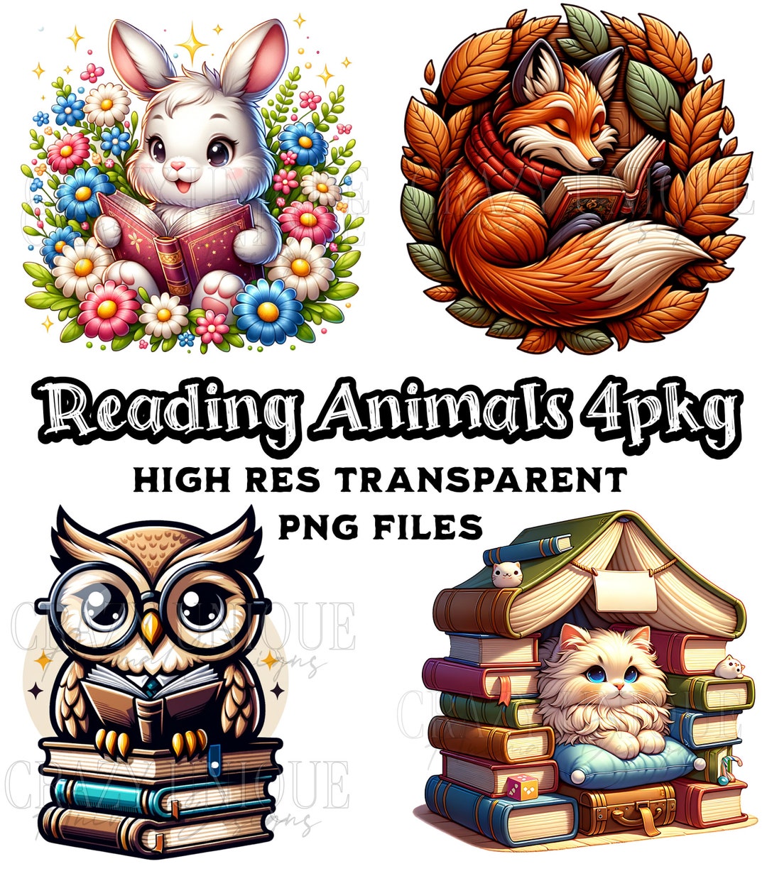 Whimsical Animal Reading Clipart Bundle – High RES PNG Files - Digital ...