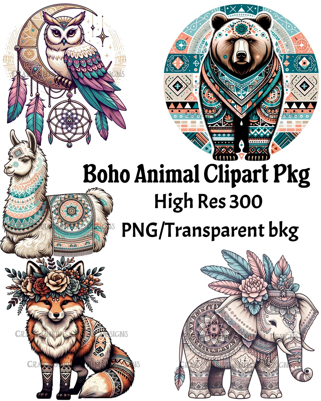 Boho Animal Clipart 5-pack | High-resolution PNG | Boho Bear, Owl ...
