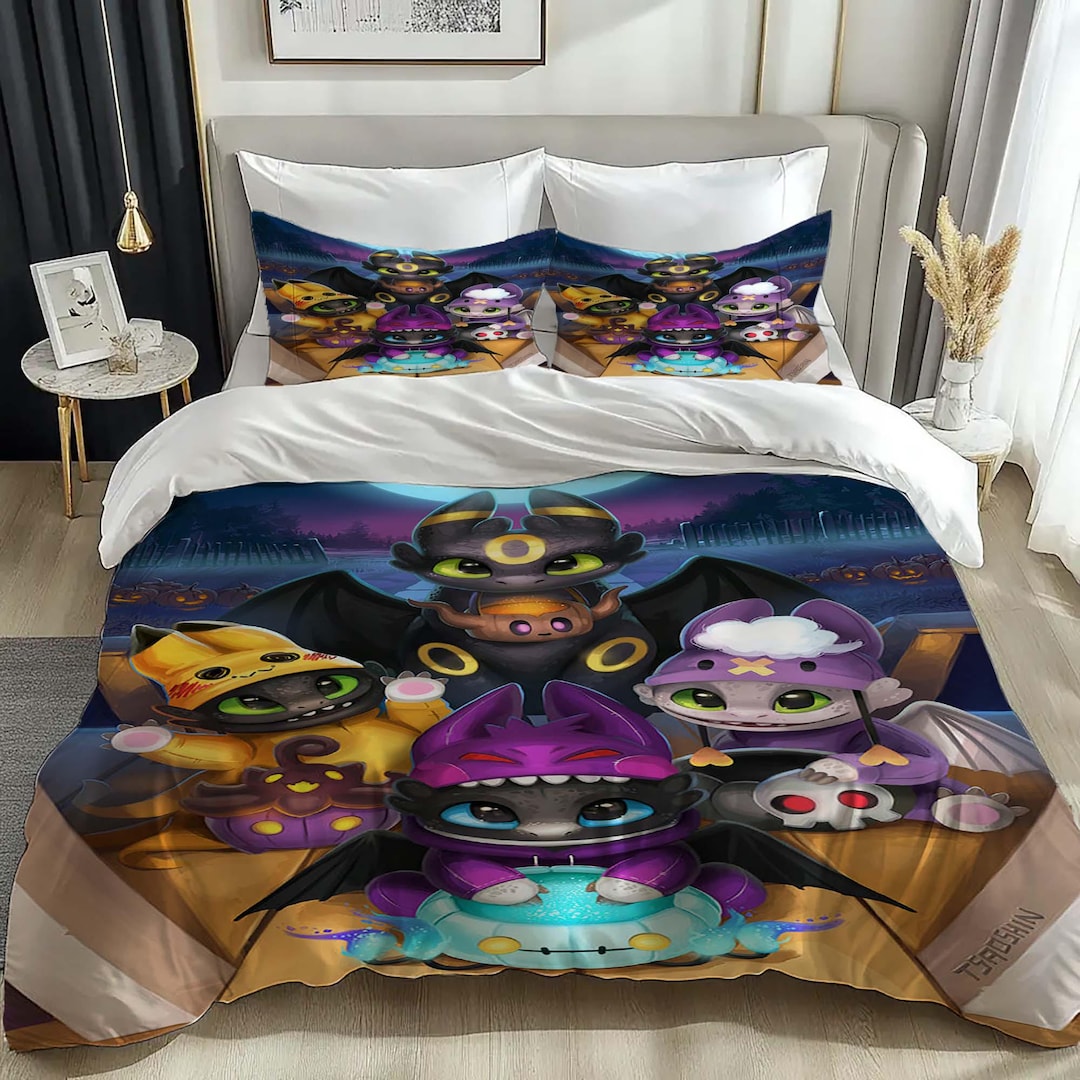 Custom Name Stitch and Toothless Bed Three Piece Set, Custom Pillow ...