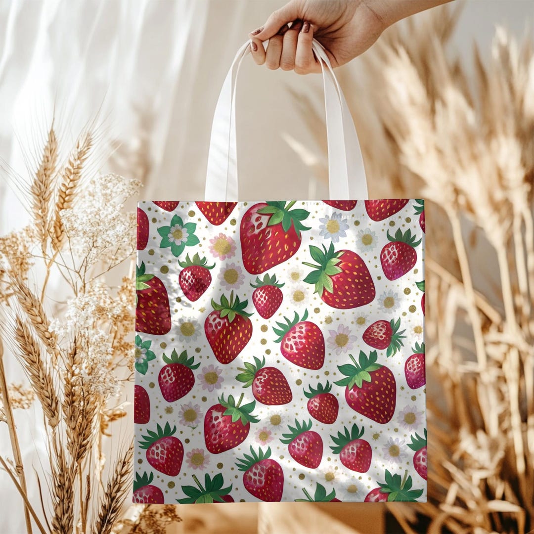 Strawberry Print Tote Bag, Cute Grocery Bag, Eco-friendly Shopping Tote ...