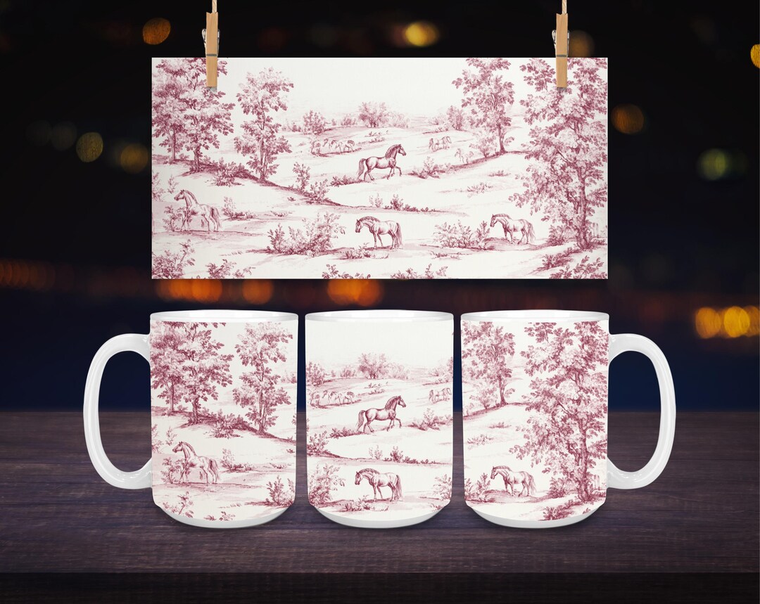 Pink Toile Ceramic Mug, Floral French Country Horses Coffee Cup, Horses ...
