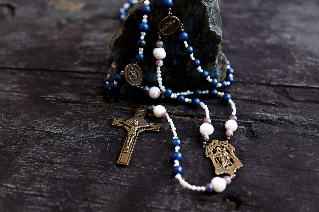 Handmade Wedding Lasso Rosary | Lapis Lazuli, Freshwater Pearl and ...