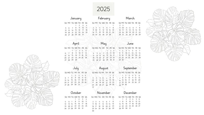 Printable Calendar landscape 2024 2025: Plant & Floral Design, Monthly ...