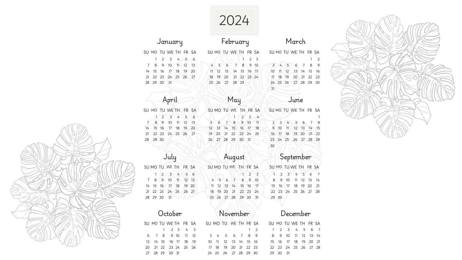 Printable Calendar landscape 2024 2025: Plant & Floral Design, Monthly ...