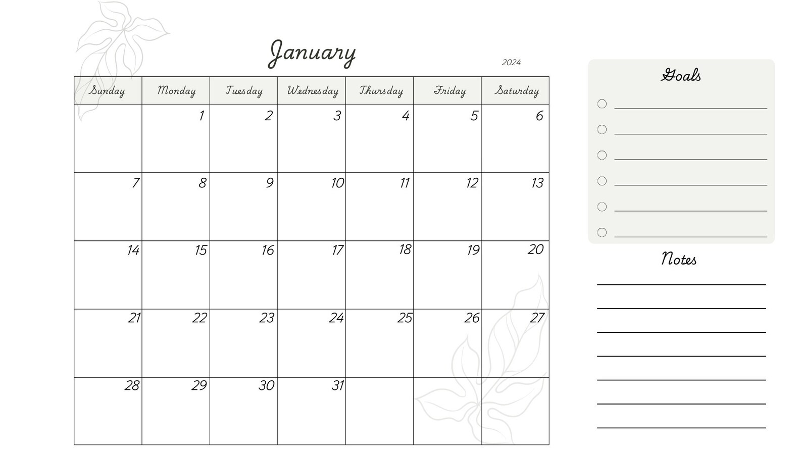 Printable Calendar landscape 2024 2025: Plant & Floral Design, Monthly ...