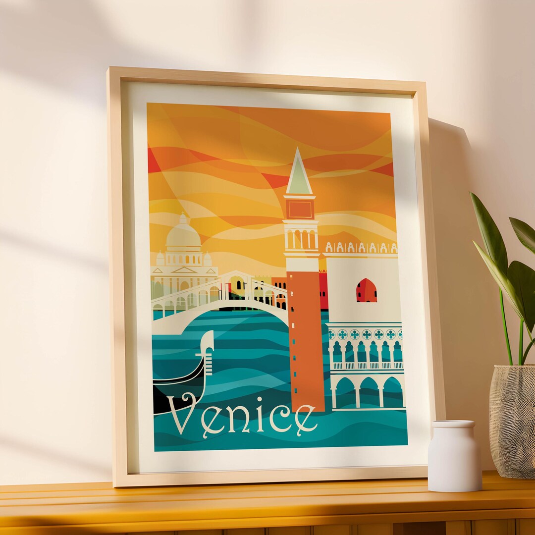 Printable Venice Wall Art – Modern Travel Poster in Red, Yellow and ...