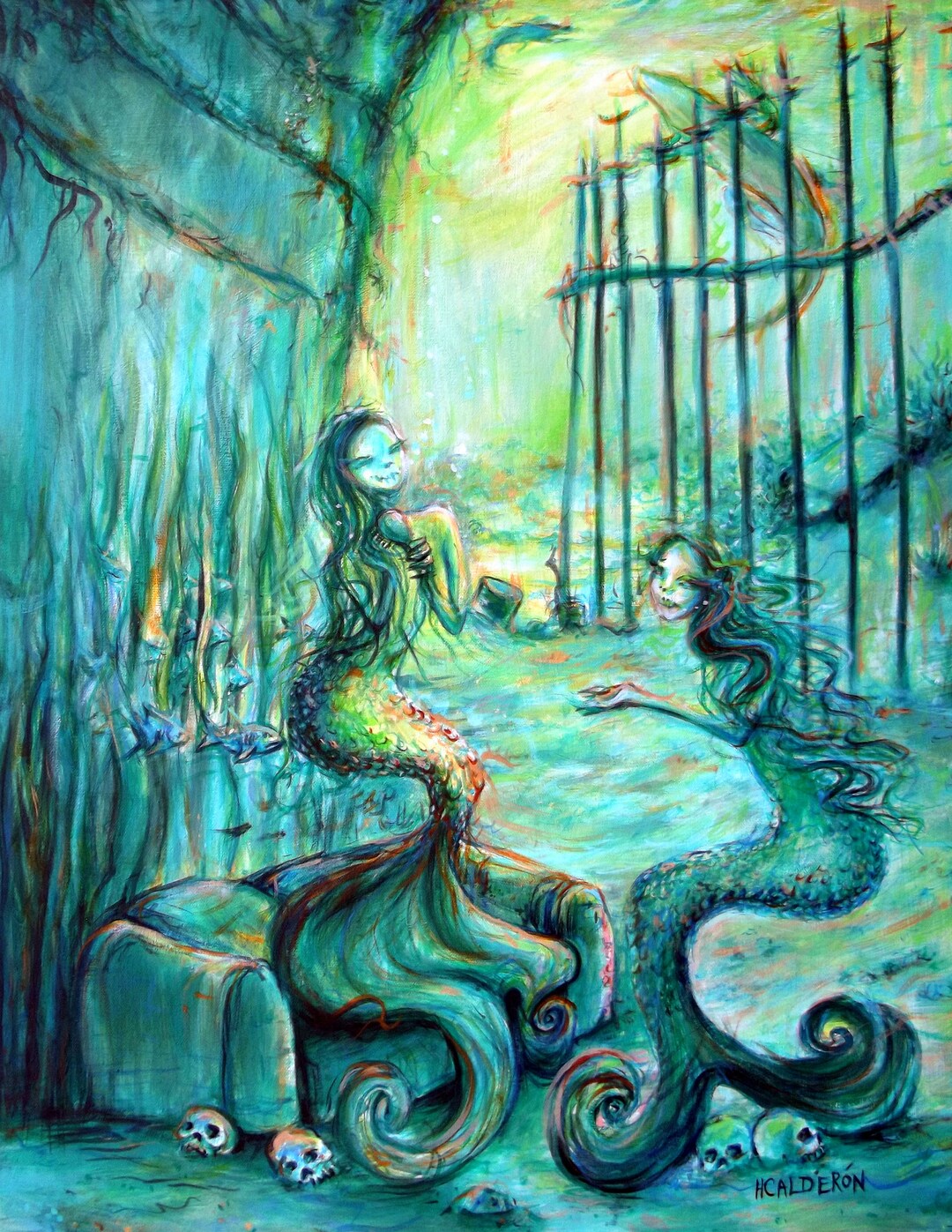 Original Painting 'green Mermaids' Acrylic and Oil on Canvas - Etsy