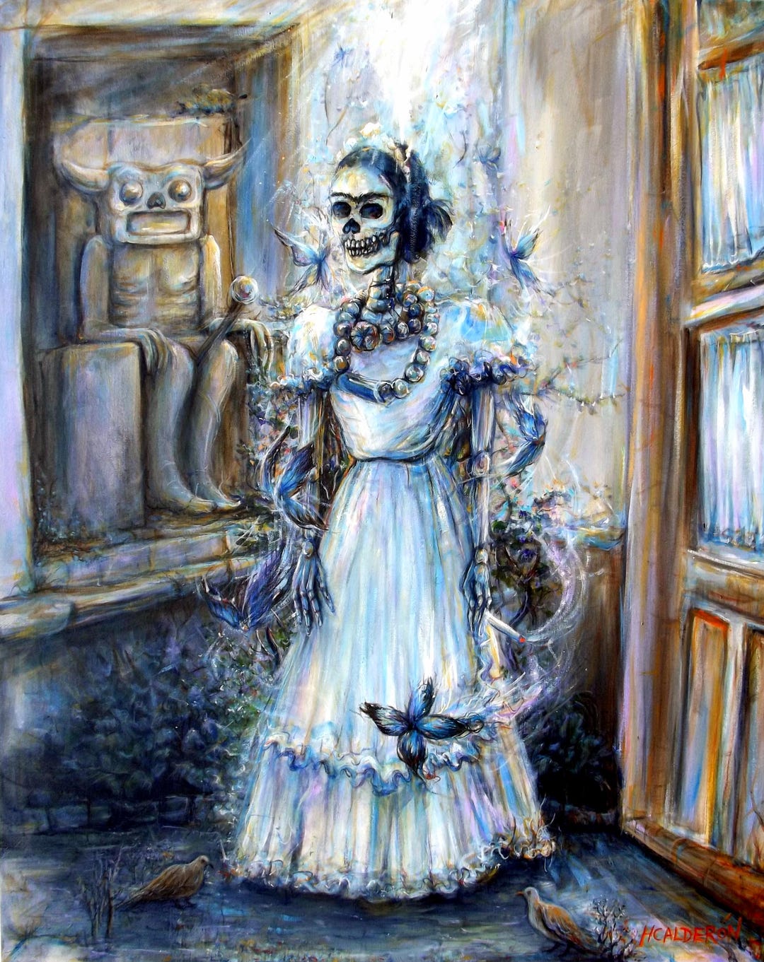 Day of the Dead Artist, Skeleton Art Print of , 'frida With Butterflies ...