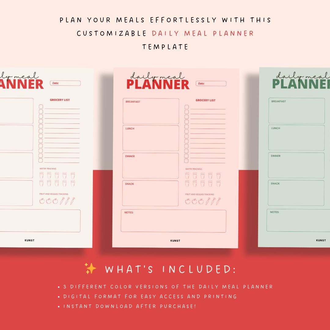 Daily Meal Planner | Printable Meal Tracker | Digital Grocery List and ...