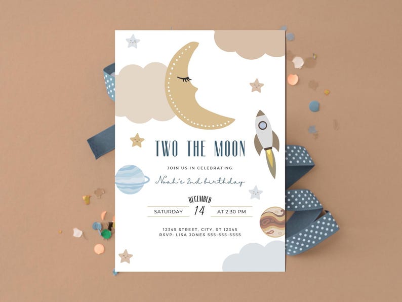 Two the Moon 2nd Birthday Invitation, 2 Year Old Birthday Invite, Two ...