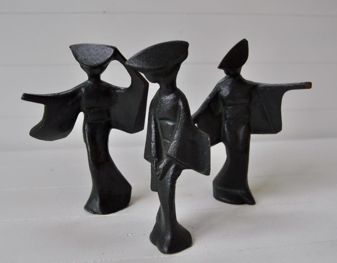 Set of Three Vintage Cast Iron Dancing Geisha Statues/mid Century ...
