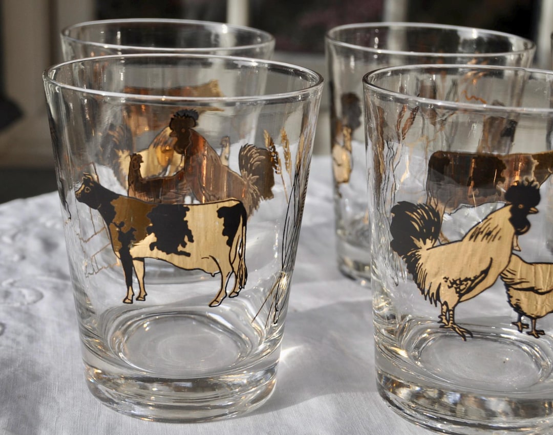 Vintage Farm Animal Tumbler Glasses W Optional Pitcher/gold Black ...