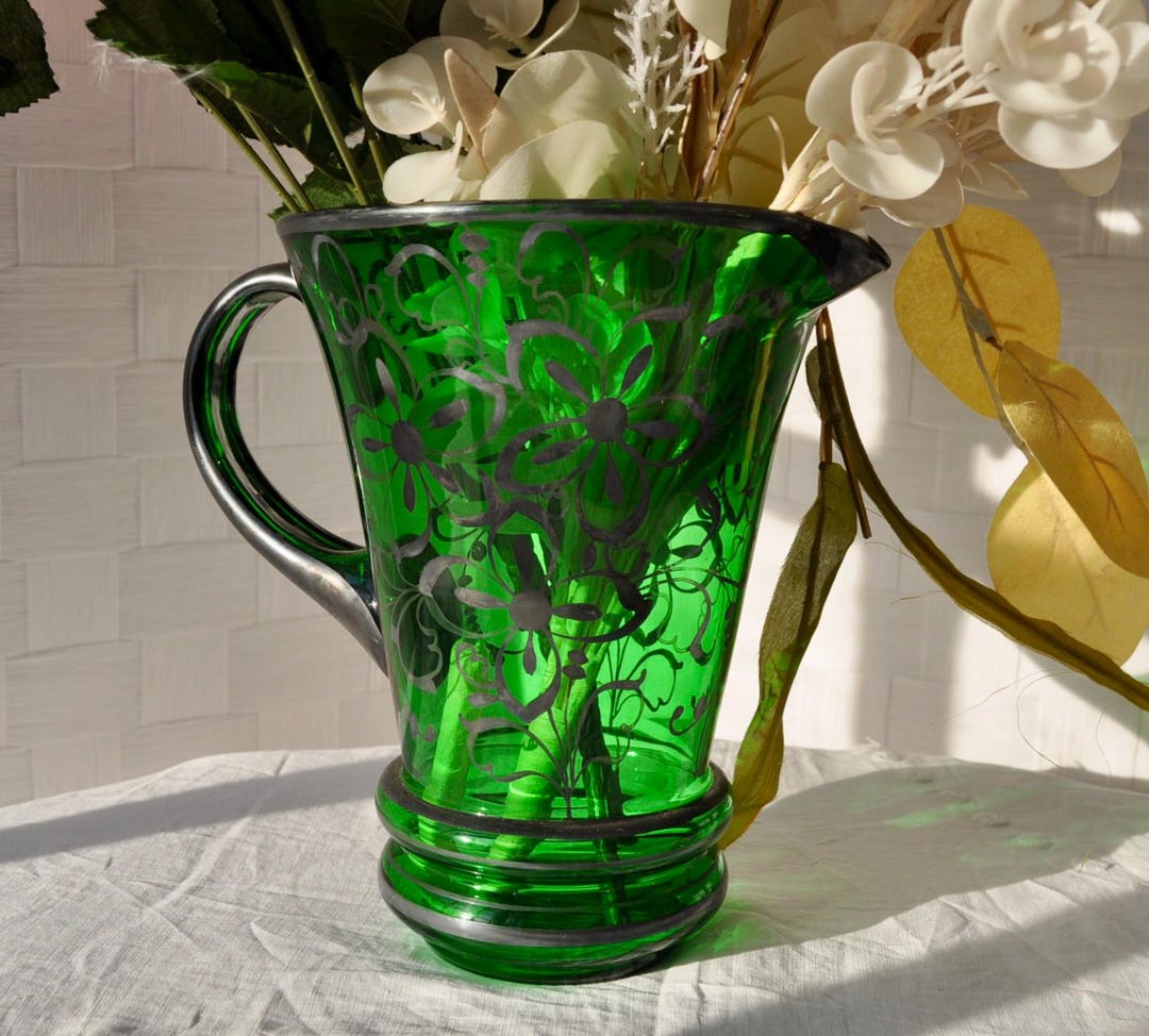 Large Antique Emerald Green Glass Pitcher/hand Painted Floral Silver ...
