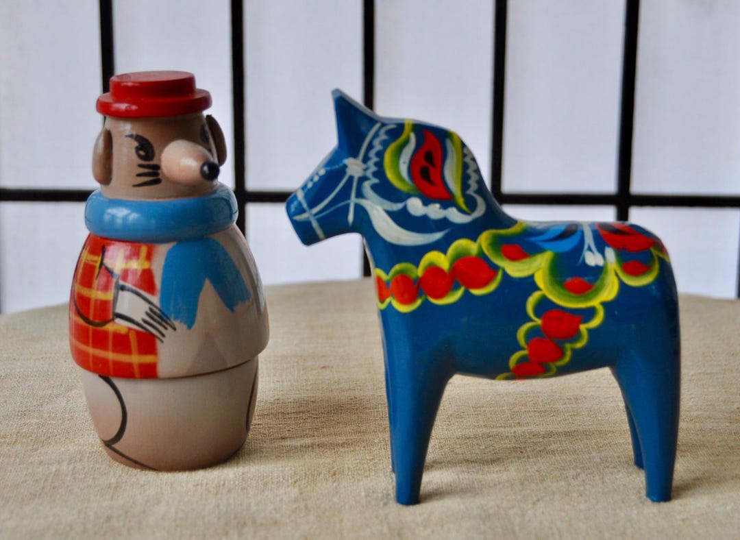 Two Vintage Old World Wood Children's Toys/swedish Hand Painted Blue ...
