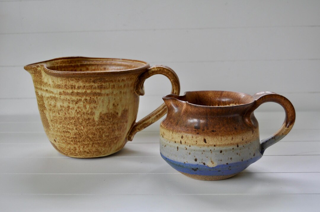 Two Vintage Studio Pottery Pouring Bowls: Rustic Speckled Brown & Blue ...