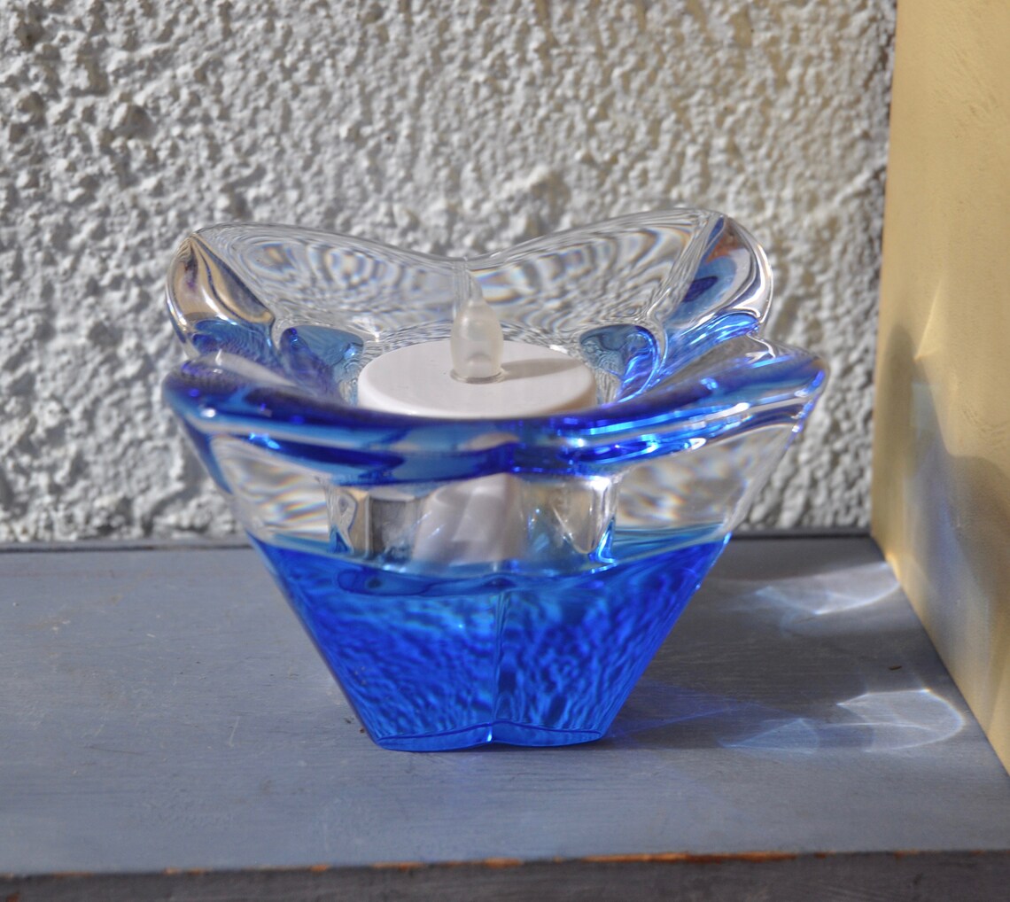 Blue Crystal Vintage Orrefors Candle Holder/Flower Petal Tea | Etsy