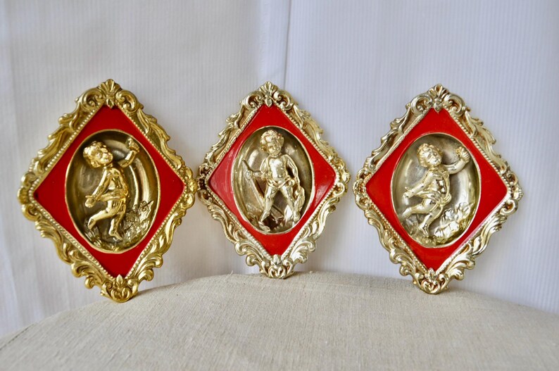 Vintage 1960s Gold and Red Cherub Plaques, Set of Three: Gilt Ceramic ...