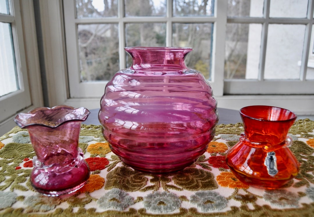 Three Vintage Pilgrim Glass Hand Blown Vases/choicelarge Cranberry ...