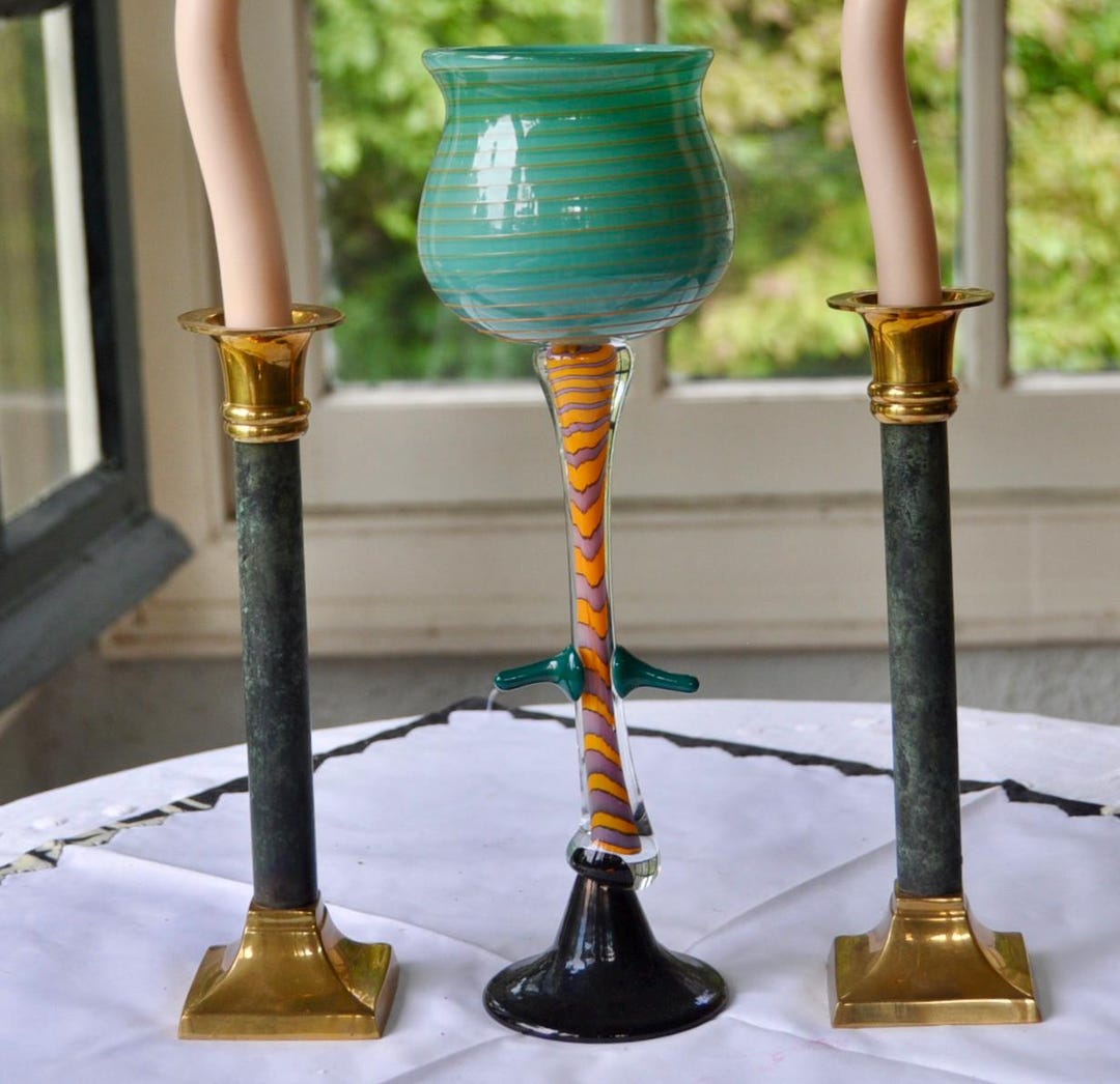 Pair of Vintage Green Marble Look Column Candlestick Holders/brass ...