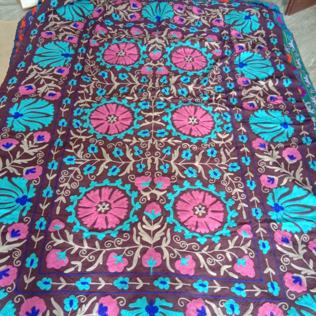 Hand Embroidered Suzani Throw: Indian Floral Tapestry, Uzbek Bedspread ...