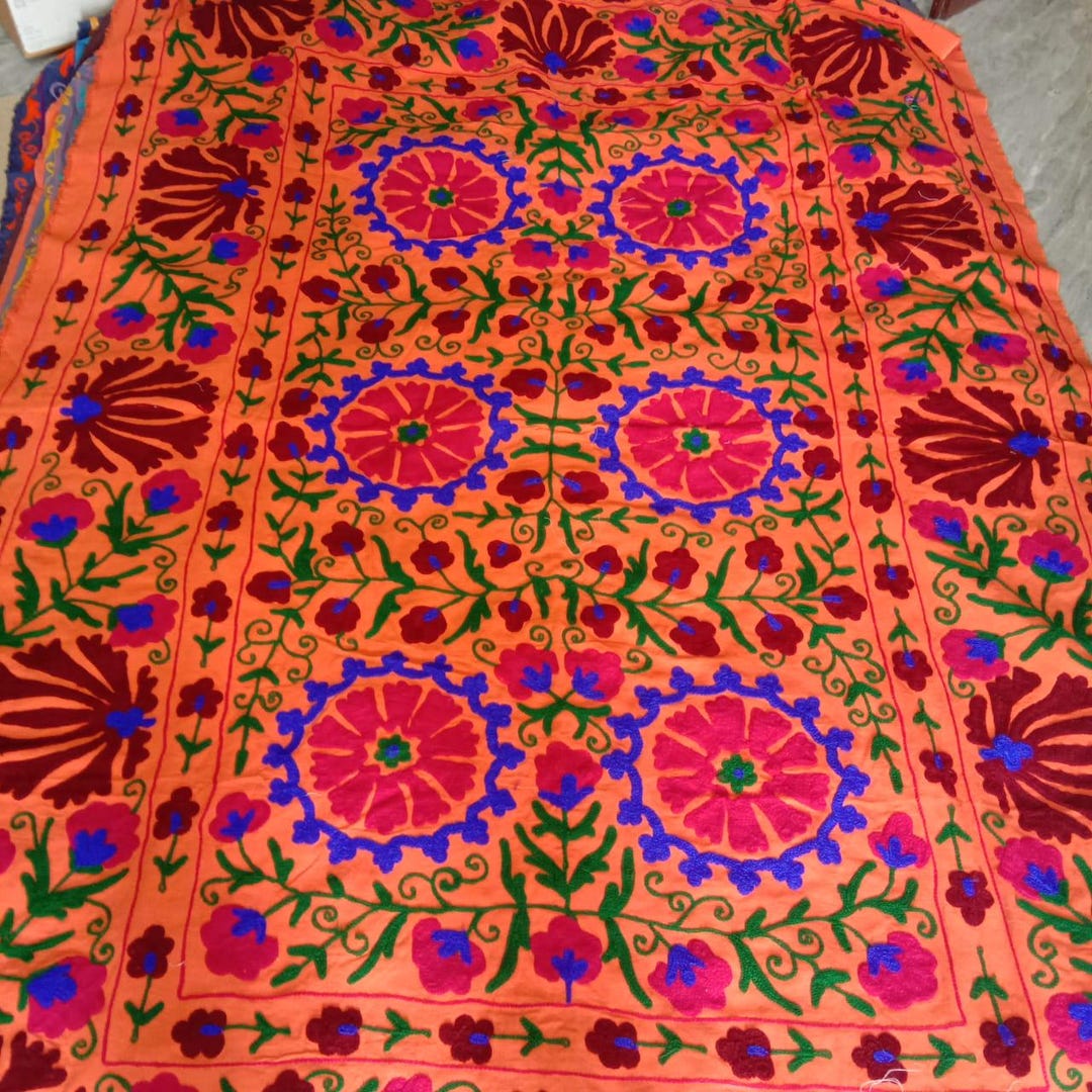 Hand Embroidered Suzani Throw: Indian Floral Tapestry, Uzbek Bedspread ...