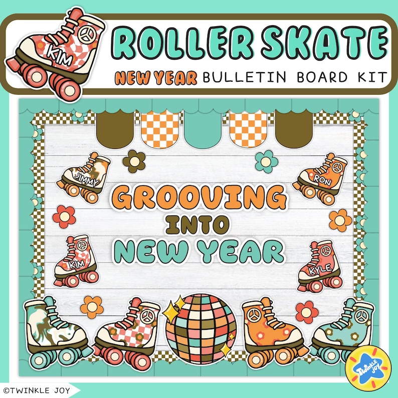 Groovy Retro Roller Skate New Year Bulletin Board Kit | January ...