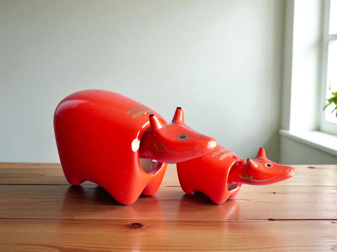Traditional Japanese Akabeko Lucky Red Cow Figurine Set - Ceramic Folk ...