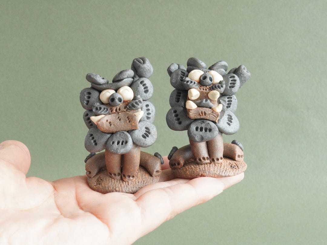 Japanese Shisa Guardian Lion Pair – Hand-kneaded Clay Statues Made in ...