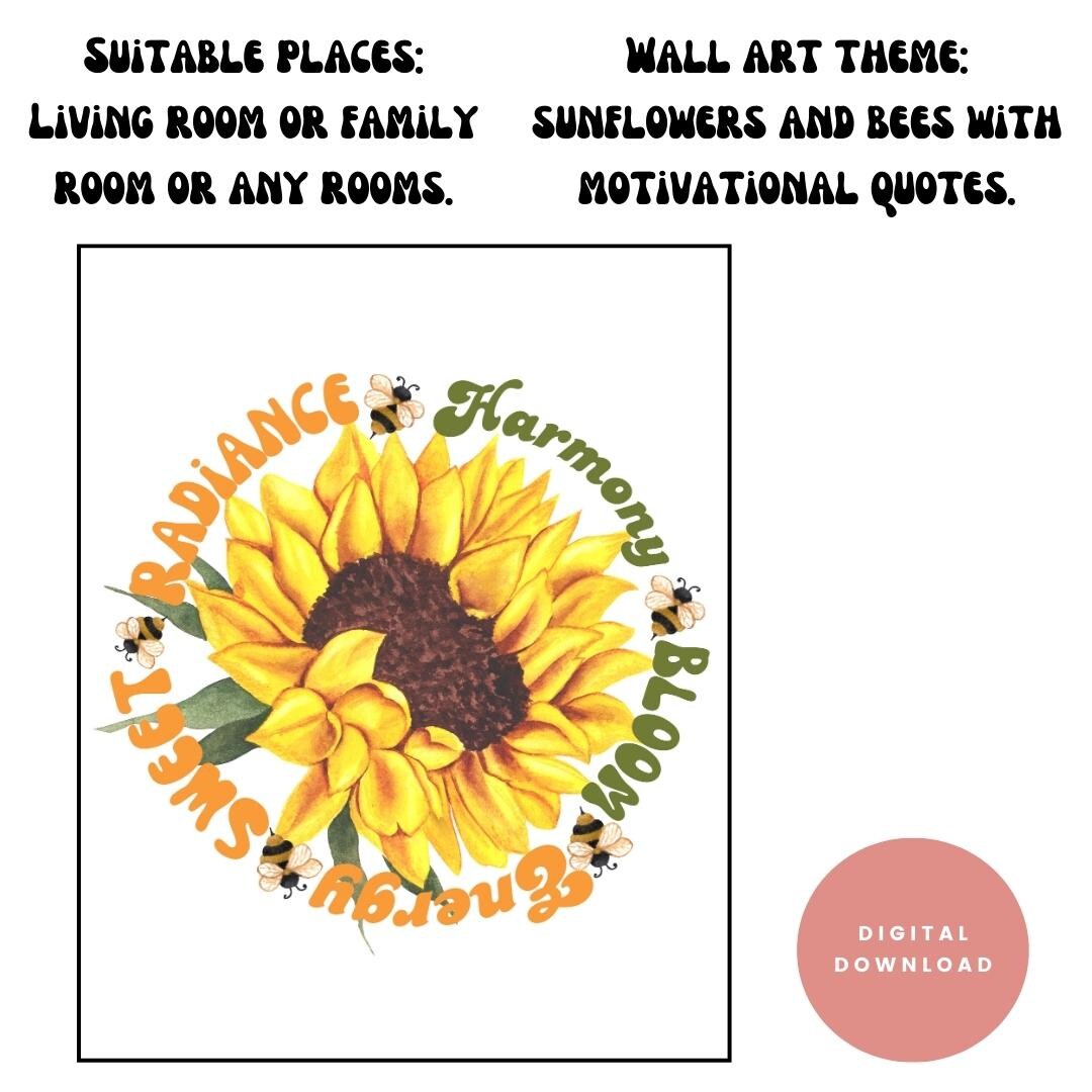 Sunflower Positive Affirmations Wall Art, Bright Boho Sunflower Decor ...