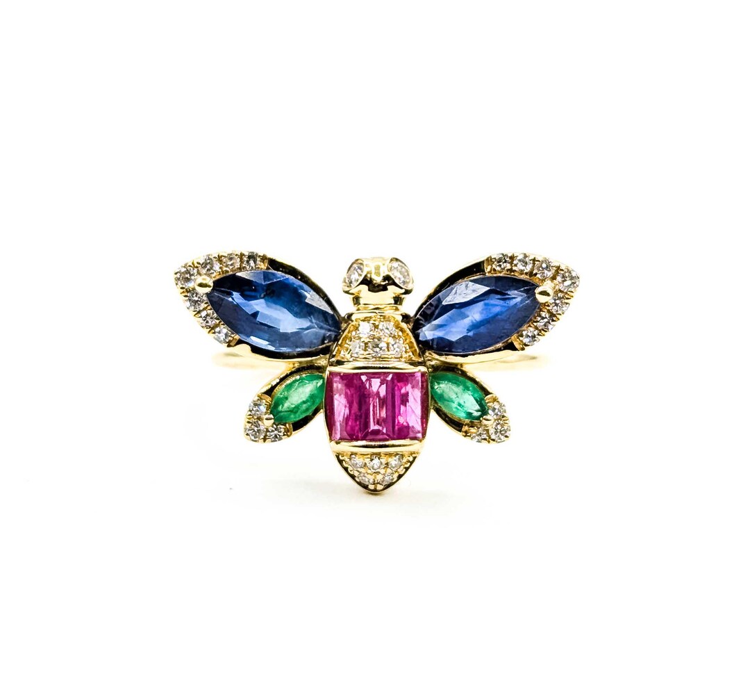 14k Yellow Gold Butterfly Ring: Sapphire, Ruby, Emerald & Diamond - Etsy