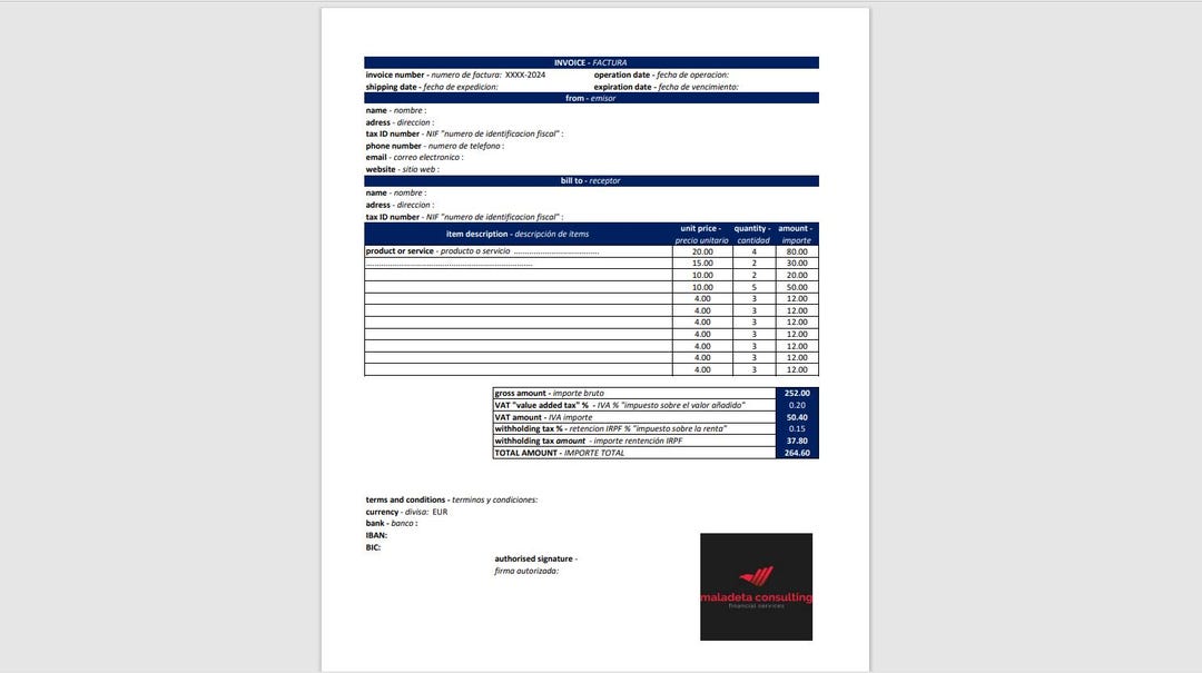 INVOICE TEMPLATE MODEL in Excel - Etsy