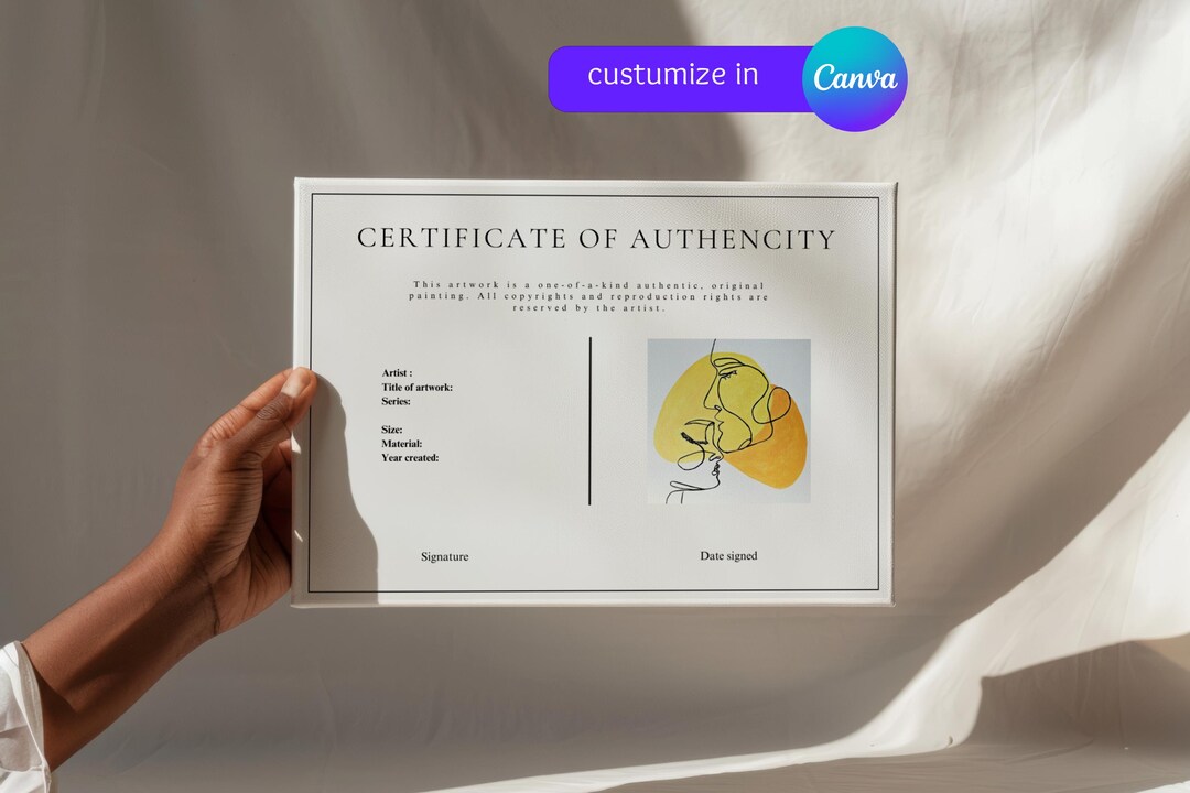 Certificate of Authenticity for Art, Editable Artist Certificate of ...
