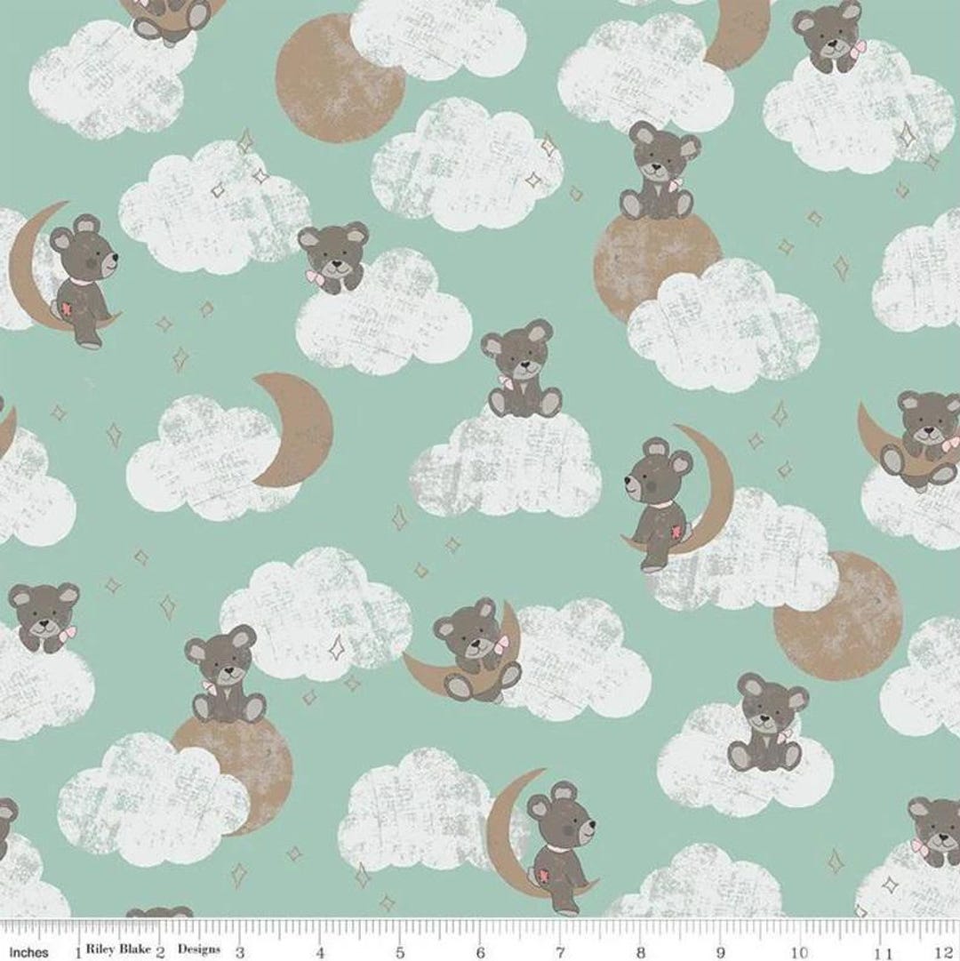 Mint Flannel Fabric: Bears, Clouds, Moon, Stars - Riley Blake Sleep ...