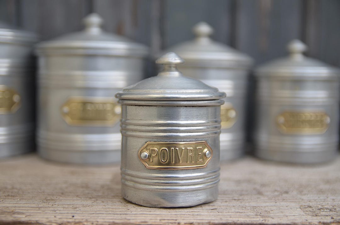Six Antique Aluminum Kitchen Spice Jars With Riveted Copper Plates From ...