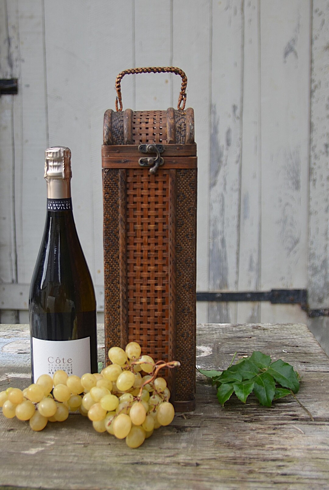 Vintage Wooden Wine Chest With Woven Bamboo - Etsy