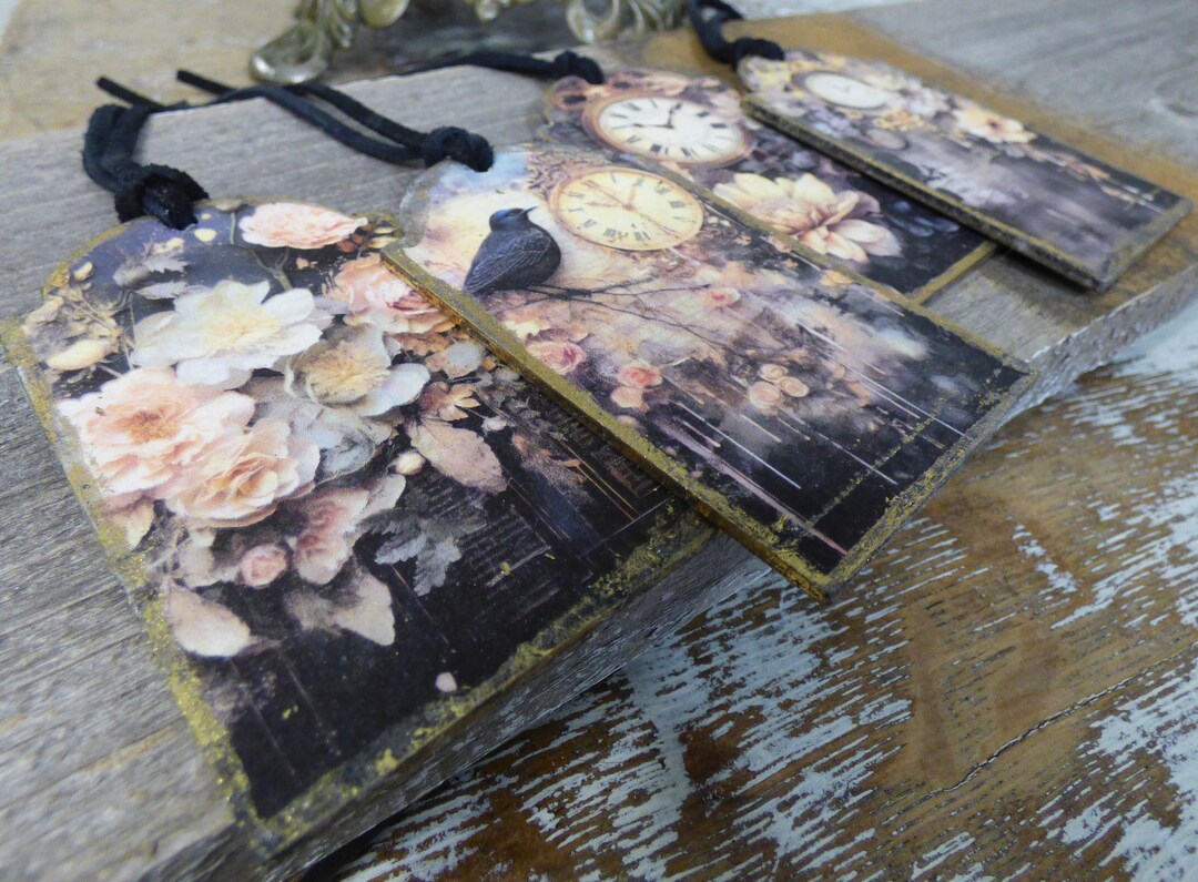 Set of 4 Large Wooden Steampunk Style Gift Tags W/ Suede Cord, Handmade ...