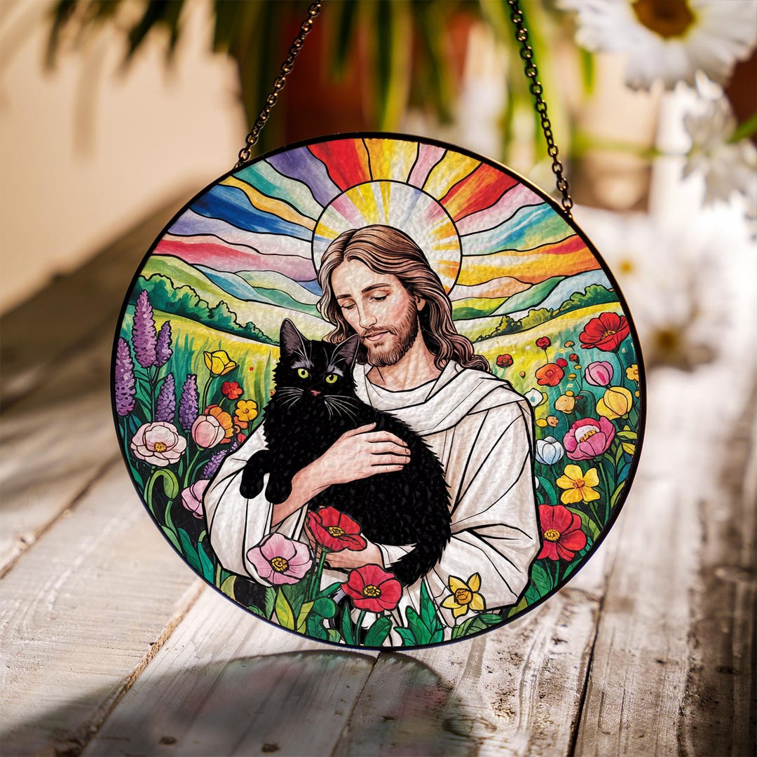 Jesus Christ Stained Glass Suncatcher, Jesus Hugging A Black Cat ...