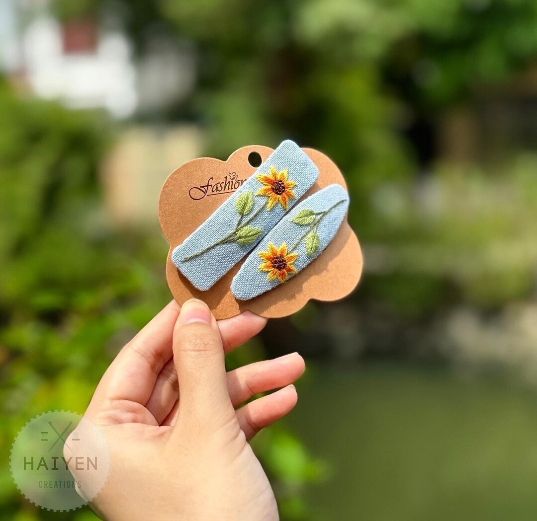 Custom Set Hair Barrettes Sunflower Hand Embroidered, Handmade Linen ...