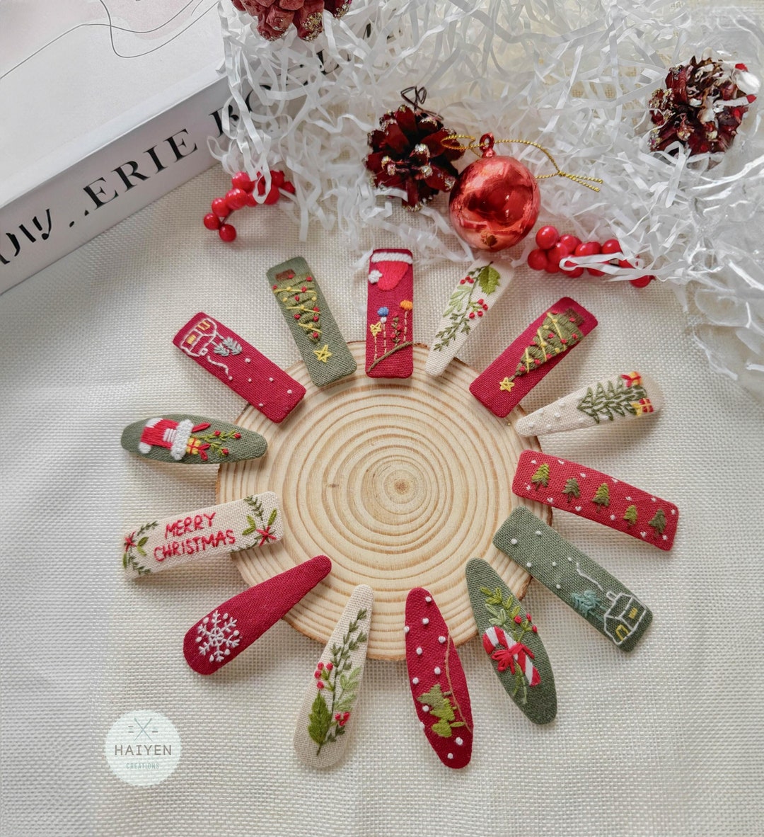 Hand-embroidered Christmas Hair Barrettes, Festive Handmade Linen Hair ...