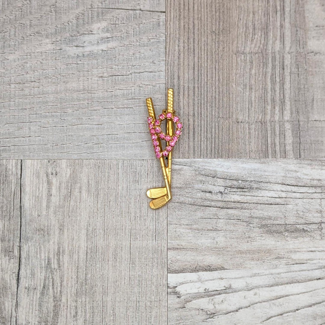 Vintage 19th Hole Golf Brooch / Pin, Pink Rhinestones in Gold-tone ...