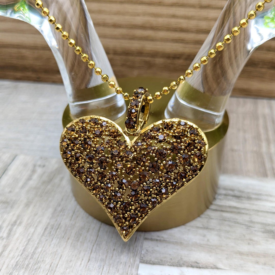 RARE Vintage Brown Rhinestone Puffy Heart Pendant, Gold-tone Ball Chain ...