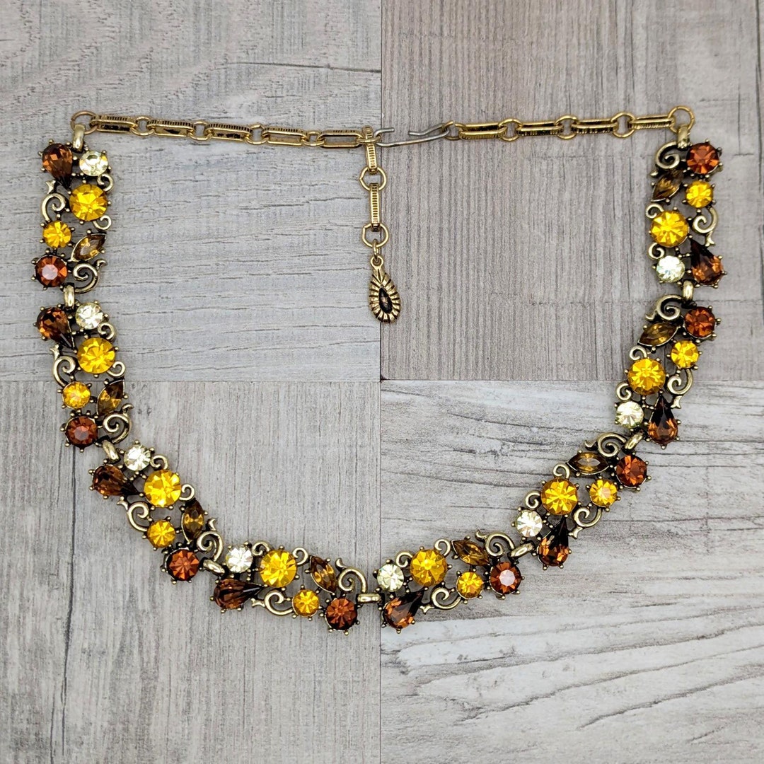 Vintage "lisner"(?) Chunky Necklace, Rhinestones in Amber, Orange, Red ...