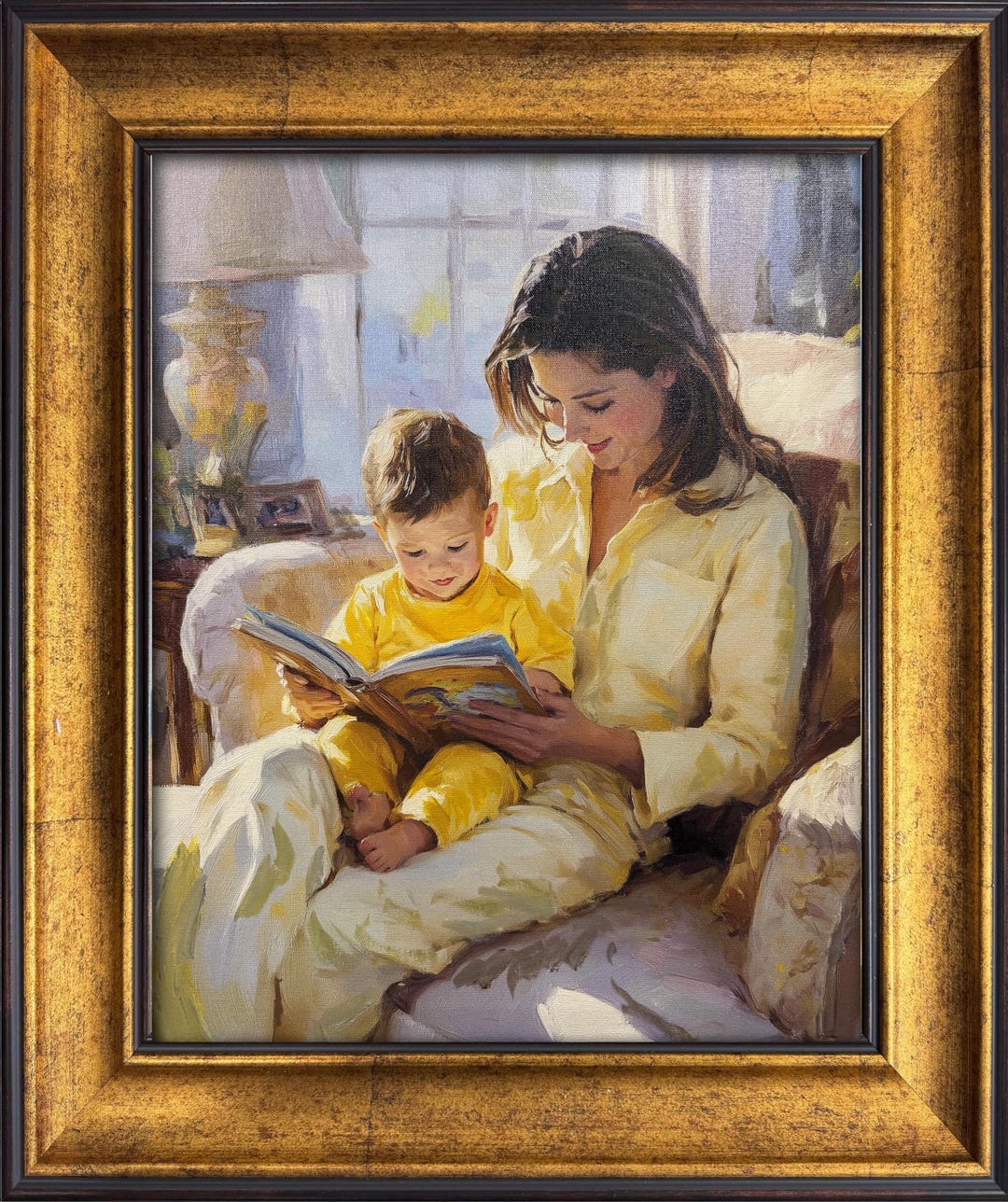 Custom Oil Painting Portrait: Mother and Child Reading, Family Art ...
