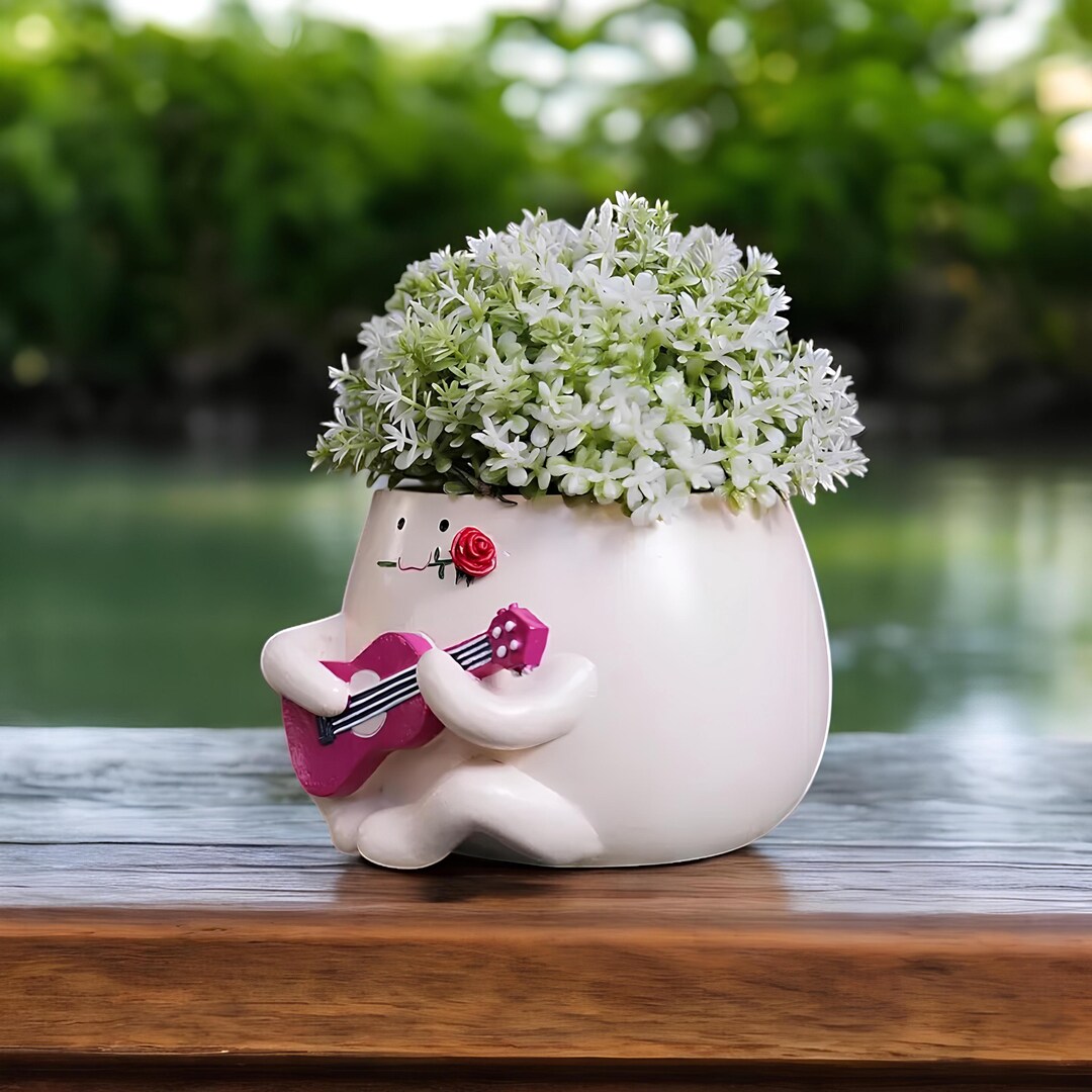 Flower Pot With Smiley Face, Plant Pot With Ukulele and Rose, Garden ...