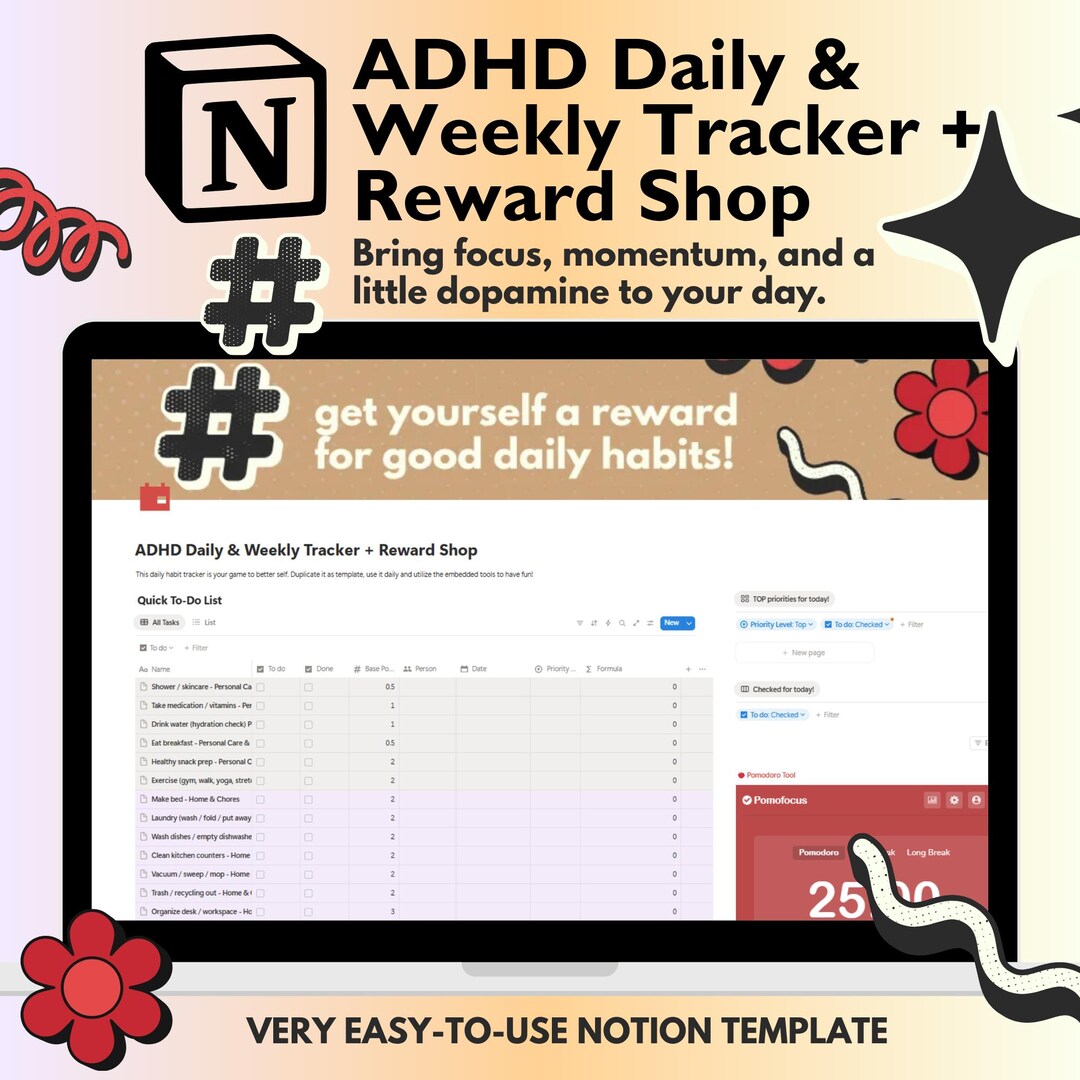 Notion Reward ADHD Daily & Weekly Tracker - Etsy