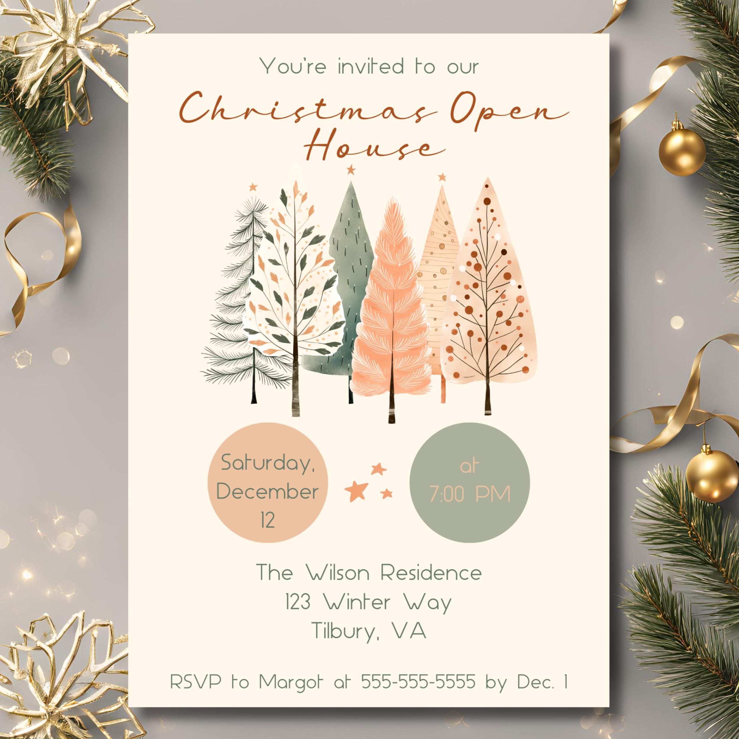 Printable Christmas Open House Invitation – Canva Template – Features Trendy Peach and Green Fir ...