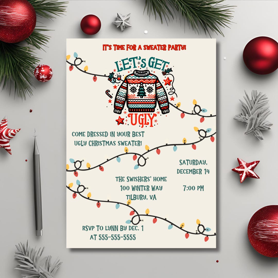 Ugly Sweater Christmas Party Invitation Template – Canva Editable ...