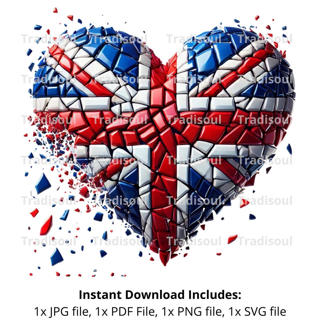 United Kingdom Flag Heart Shape | Shattered Glass Effect Digital Art ...