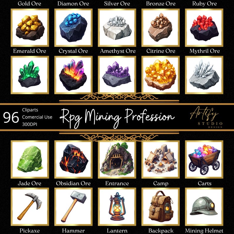 RPG Mining Profession – 2D Game Icons Pack – 96 Pngs for Tabletop Games ...