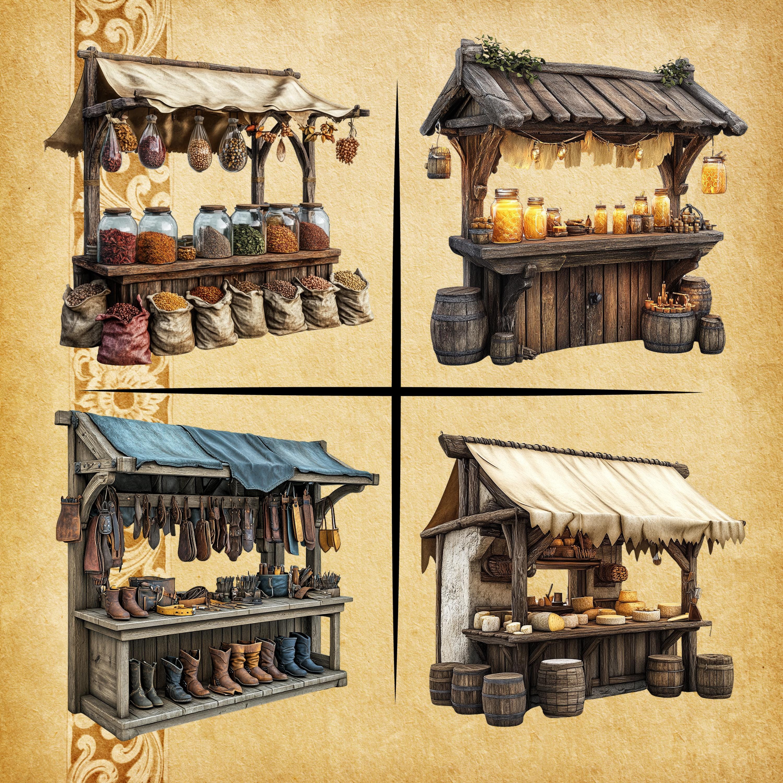 Medieval Stalls and Shops – 24 Illustrations of Historical Market ...